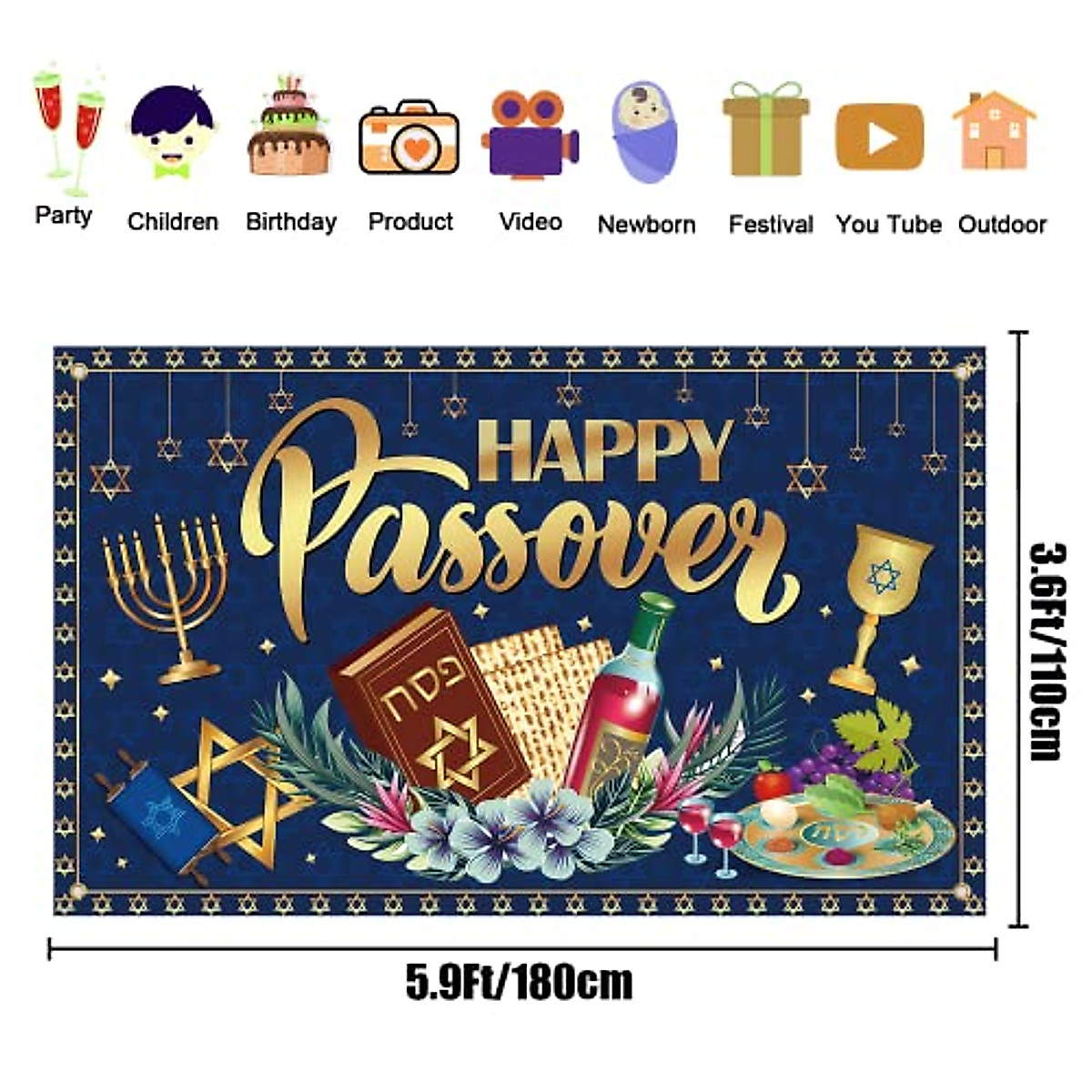 Large 71" X 43" Happy Passover Banner, Passover Backdrop, Passover Decorations, Jewish Holiday Decorations, Passover Background for Photography Wall Indoor Outdoor Party Supplies tineit