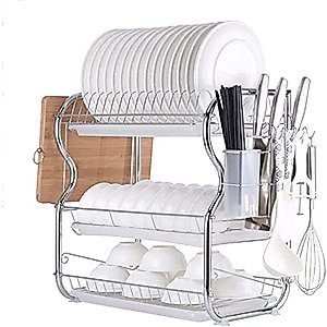 Plate Rack Draining Dish Rack 3-Tier Stainless With Drainboard and Cutlery Cup, Kitchen Supplies Drying Frame Dish Pan Plate Holder