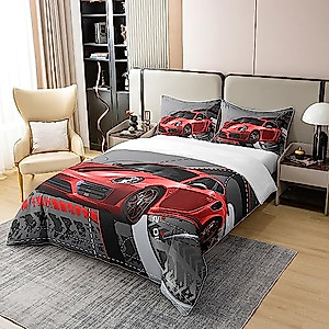 Red Race Car Duvet Cover 100% Cotton Sports Car Bedding 100% Cotton Set Extreme Sport Theme Gorgeous Duvet Set Cool Speed Automobile Decor Quilt Cover with 2 Pillowcases 3Pcs Bedding Queen Zipper