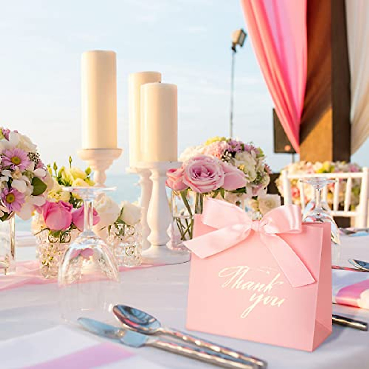 DESOEE Small Gift Bags Thank You Party Favor Bags 20 Pack with Pink Bow Ribbon, Treat Boxes Mini Paper Bags Bulk for Wedding Baby Shower Holidays Birthday Party