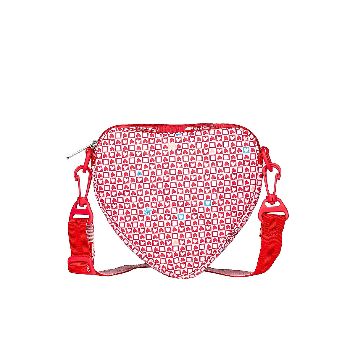 LeSportsac Stamped With Love Heart Crossbody Bag, Style 3617/Color F894, Unique Heart Shaped Crossbody Bag w Petite Multicolor Hearts, Detachable & Adjustable 2 Tone Pink/Red Strap