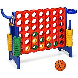 Giantex 4 in a Row Connect Game, Jumbo 4 to Score Game Set w/ 42 Chess Rings, Basketball & Hoop, Toss Rings & Quick-Release Lever, Indoor & Outdoor Family Party Game for Kids & Adults