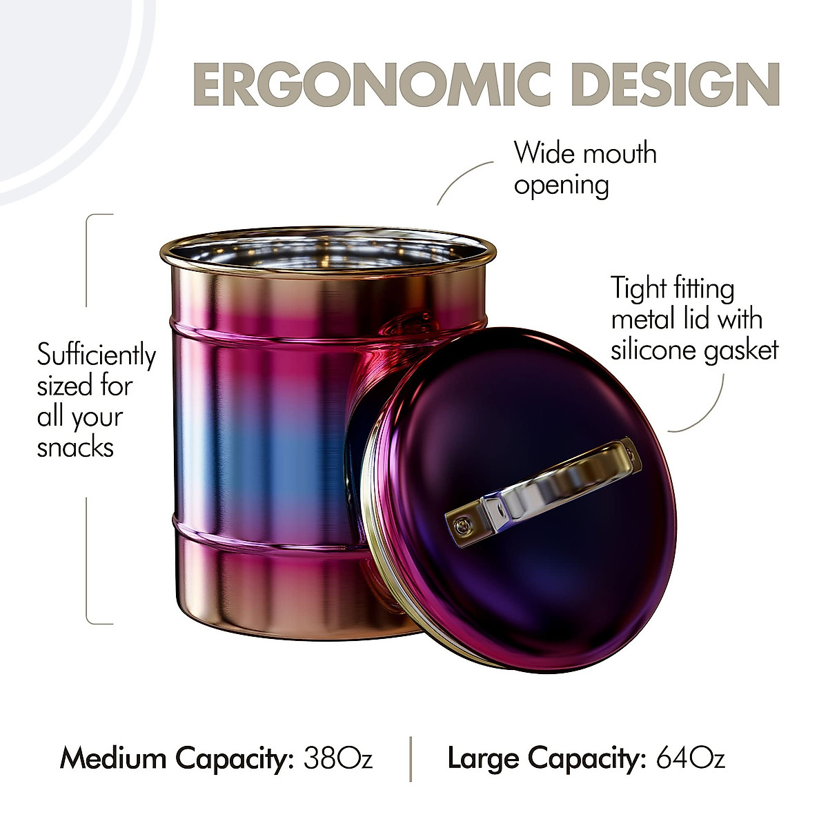 Amici Home Rainbow Metal Storage Canister | Set of 2 | Airtight Lid | 38 & 64 Ounce Capacity | Modern Home Décor | Decorative Metal Canisters for Kitchen Countertop