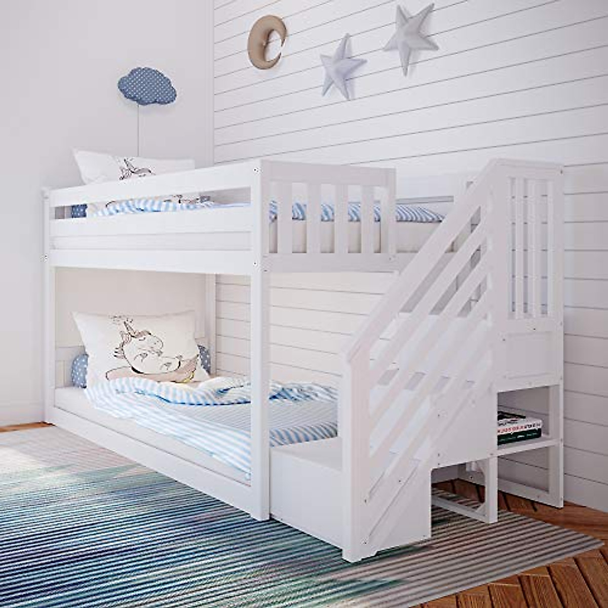 Max & Lily Low Bunk Bed, Twin-Over-Twin Bed Frame For Kids With Stairs, White