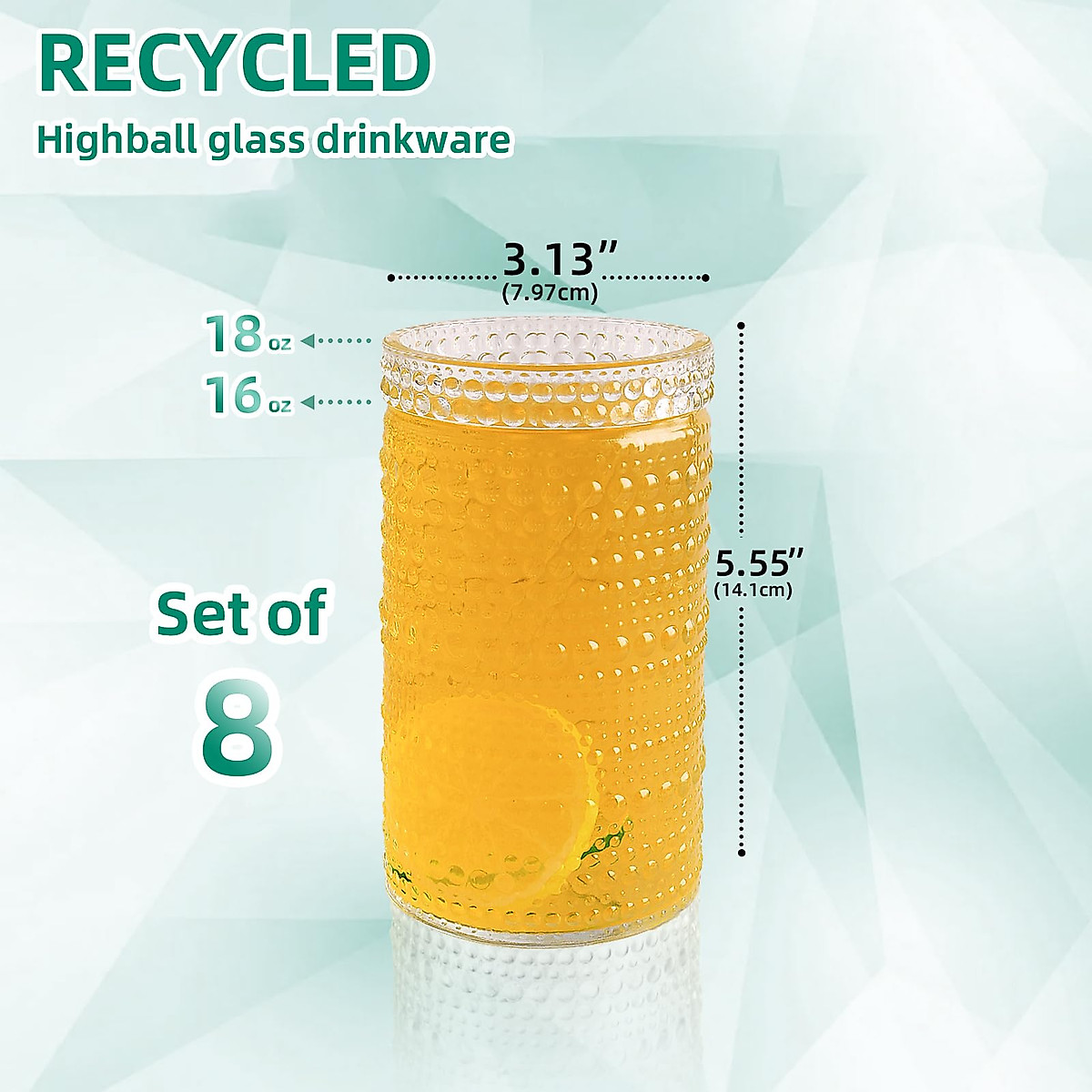 Hobnail Drinking Glasses Set of 8-16oz Handmade Vintage Style Recycled Glass Beaded Cups - For Whiskey, Wine, Cocktails - Vintage Drinking Glasses, Clear