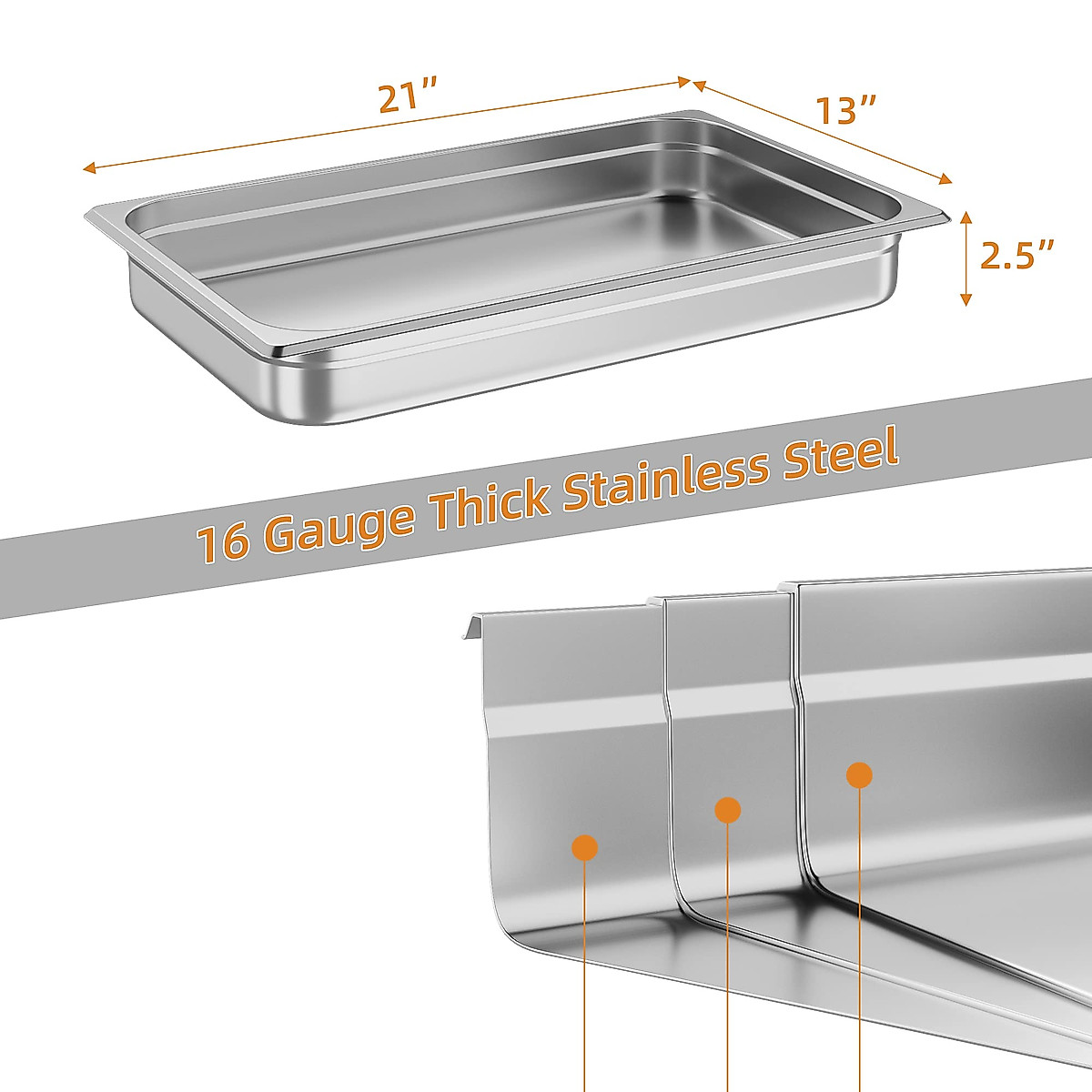 RIEDHOFF 6 Pack Full Size Hotel Pan, [NSF Certified] Commercial Stainless Steel 2.5 Inch Deep Anti-Jamming Steam Table Pan