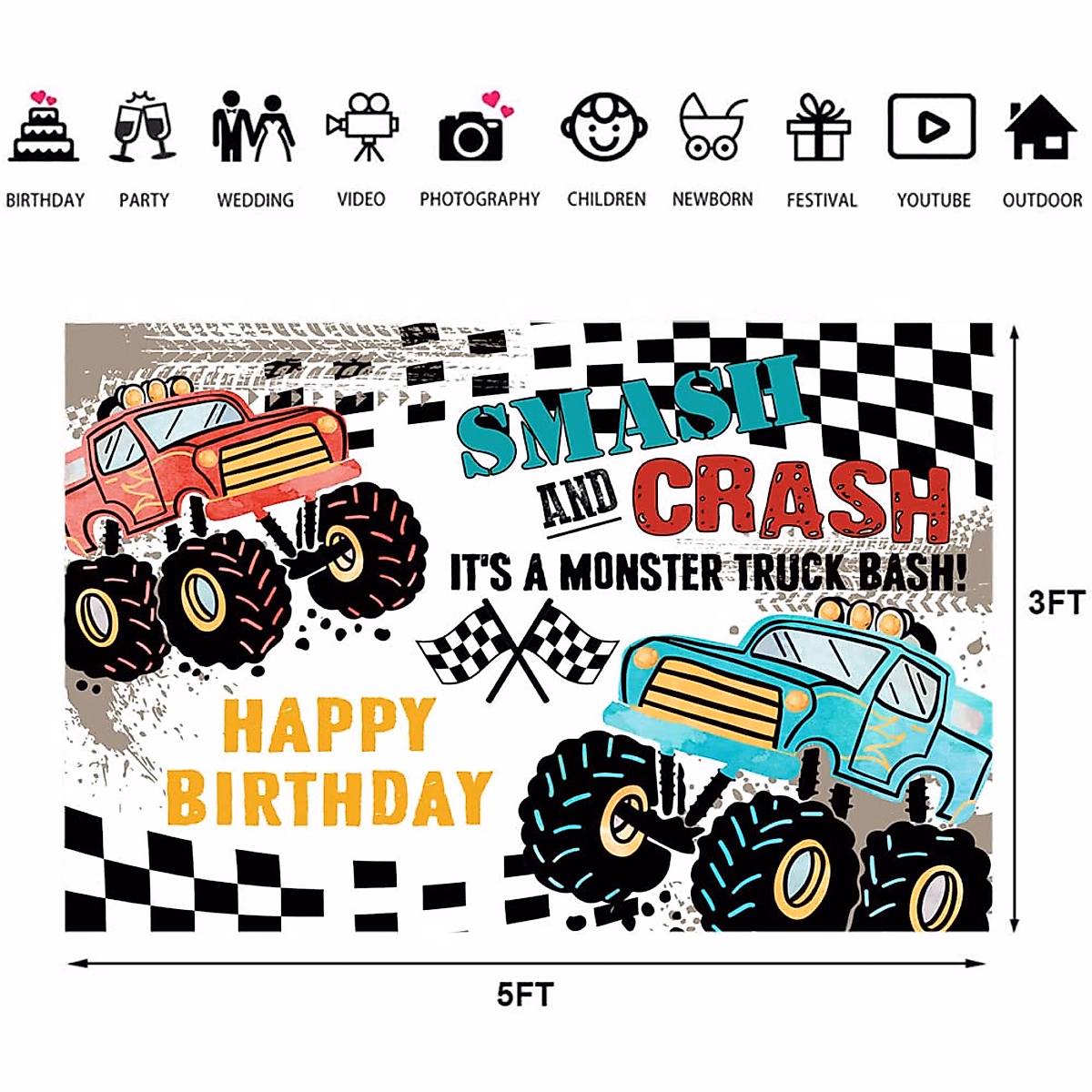 Ticuenicoa Grave Digger Monster Truck Birthday Backdrop - 5x3ft Flame Design Photo Booth Background for Boys, Kids Party Decorations Banner & Props Supplies