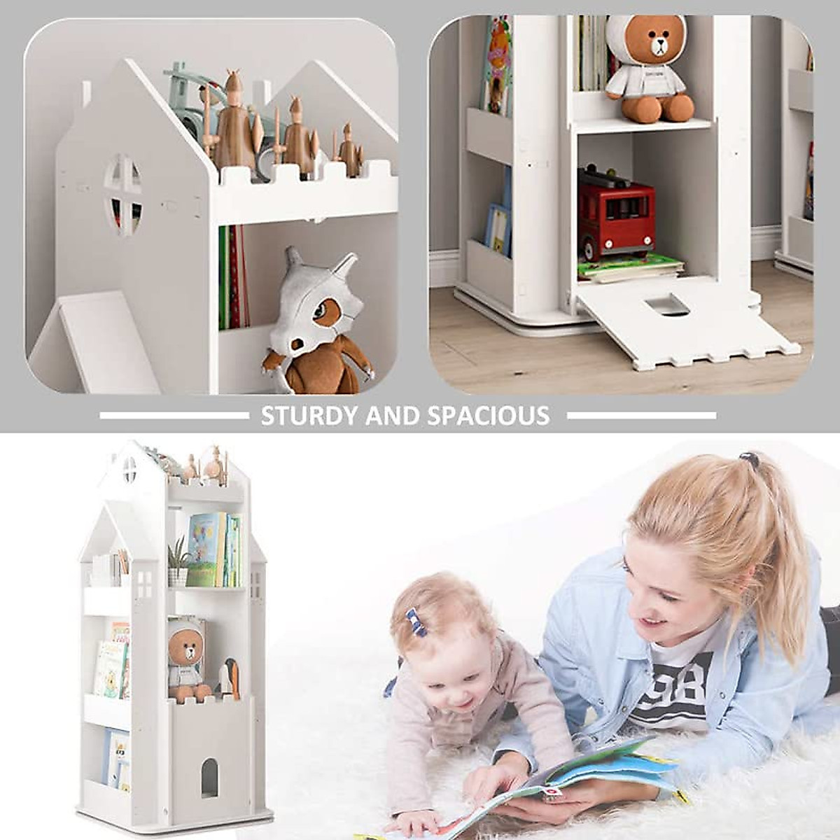 MOUDAO Kids Bookshelf 360° Castle White Rotating Bookshelf Toy Storage Organizer Rack Revolving Corner Bookshelf for Kids Toddler Children Home Office Furniture Bookcase
