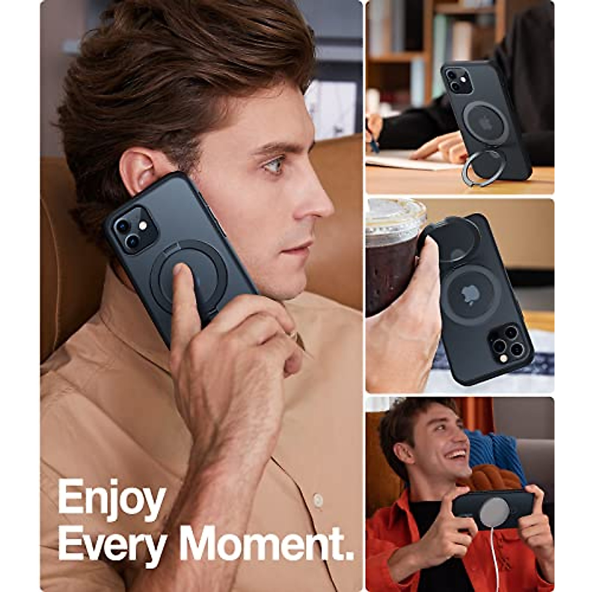 TORRAS Magnetic UPRO Ostand Designed for iPhone 12 Case & iPhone 12 Pro Case, Compatible with Magsafe Ring Stand, Military Grade Drop Protection, Shockproof Hard Translucent Slim 12 Phone Case, Black