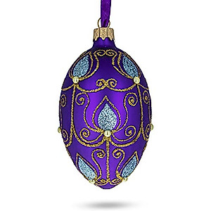 Blue Leaf on Purple Glass Egg Ornament 4 Inches