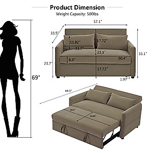 HUMEHA 57" Convertible Sleeper Sofa Bed, 3 in 1 Upholstered Velvet Loveseat Sofa with Put Out Bed, Modern 2 Seats Couch with Adjustable Back, 2 Pillows Side Pocket for Living Room RV, Brown