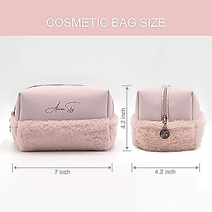 Aurora Sky Fluffy Bottom Makeup Bag Organizer – Portable Toiletry Travel Case – Cute Cosmetic Bag for Woman & Girls – Waterproof Soft Vegan Leather Pouch – Medium Size Storage (Pink)