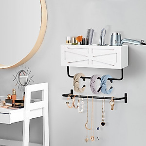 Hair Dryer Holder Wall Mount, Wood Hair Tool Organizer, White Hot Tools Organizer with 2 Towel Bars, Rustic Bathroom Organizer Blow Dryer Holder for Bathroom Decor, Flat Iron, Curling Wand, Brushes