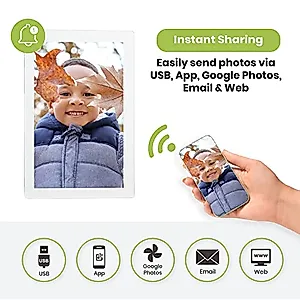 PhotoSpring 10in WiFi Digital Picture Frame, Family Can Send Photos from Anywhere via Email, App, or Web, Easy Touchscreen Setup, 1280x800 Display, Plays Videos, White