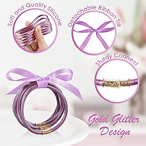 Xinnun 60 Pieces Glitter Jelly Bracelets Jelly Bangle Bracelets Set Colorful Glitter Filled Silicone Bracelets with Ribbon Bow for Girl Women Valentine's Day