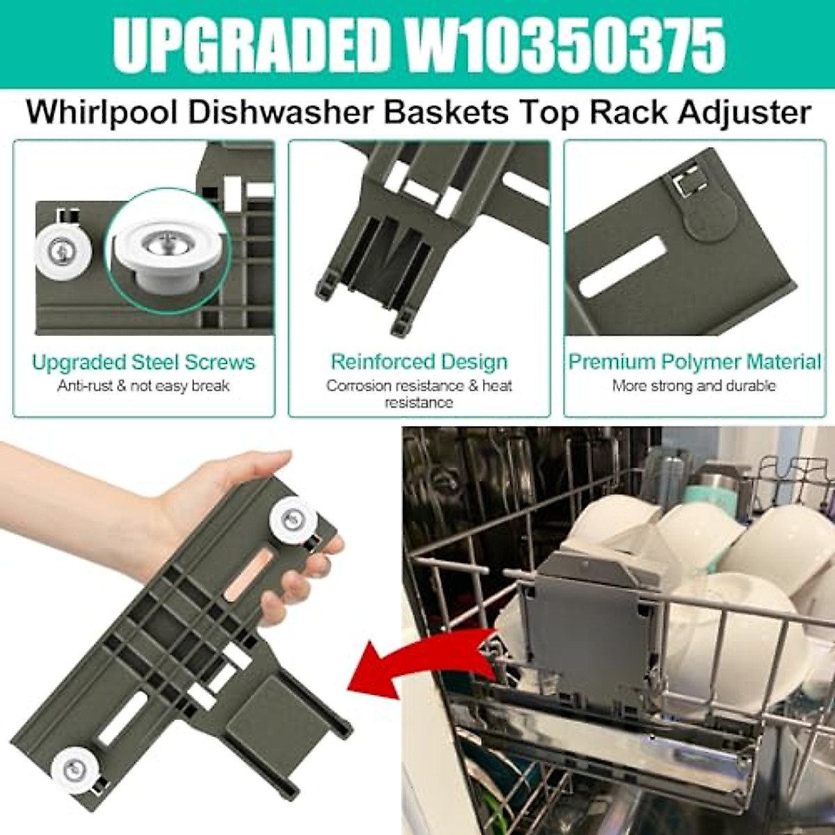 UPGRADED W10350375 Dishwasher Top Rack Adjuster Parts Replacement for Whirlpool Dishwasher Parts WDT730PAHZ0 WDT750SAHZ0 WDTA50SAHZ0 WDT970SAHZ0 Upper Rack Parts,Fits Kenmore Dishwasher Top Rack Parts