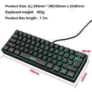 SELORSS 60% Mechanical Feel Gaming Keyboard,RGB Backlit Ultra-Compact Mini Keyboard, Ergonomic Metal Plate 61 Keys Keyboard,Wired Type-C USB Waterproof for Typist Laptop PC Mac Gamer