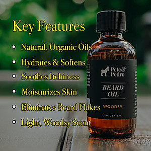 Pete & Pedro BEARD OIL - 100% Natural & Organic Ingredients, Manly Woodsy Scent | Hydrates & Softens Beard & Skin, Reduces Itchiness, Adds Shine, Helps With Beardruff | As Seen on Shark Tank, 2 oz.