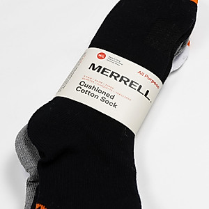 Merrell Adult's Cushioned Cotton Socks-3 Pair Pack-Unisex Breathable Mesh Comfort Zones, Ankle-Black/White/Gray, S/M (Men's 5-8.5 / Women's 5-9.5)
