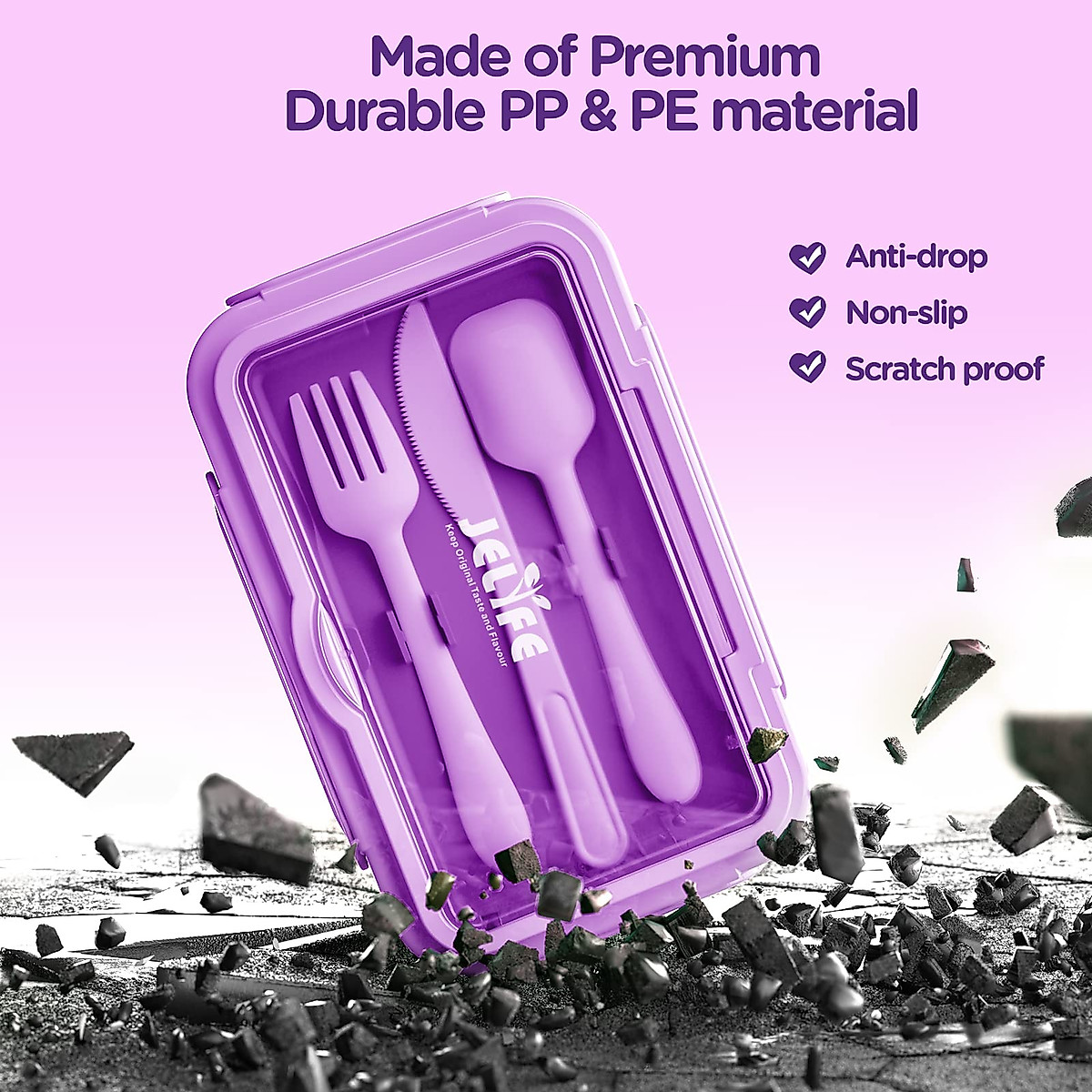 Jelife Lunch Box Kids Bento Box - Large Bento-Style Leakproof 4 Compartments Kids Lunchbox Food Containers with Utensils for Back to School, Reusable On-the-Go Meal and Snack Packing, Purple