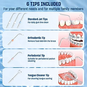 Cordless Water Dental Flosser for Teeth - Portable and Rechargeable 350ML Oral Irrigator with 5 Modes 6 Replaceable Tips - IPX7 Waterproof Powerful Battery Life Water Dental Picks for Travel Home Use