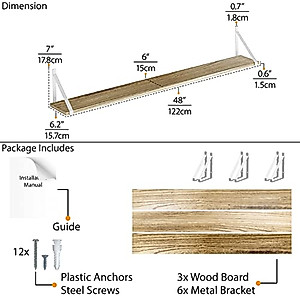 Wallniture Bora Long Floating Shelves, 48"x6" Wall Bookshelf Living Room Decor, Rustic Wall Shelves for Bedroom Decor, Office & Kitchen Wall Mounted Shelves, Bathroom Wall Shelf Set of 3, Burnt