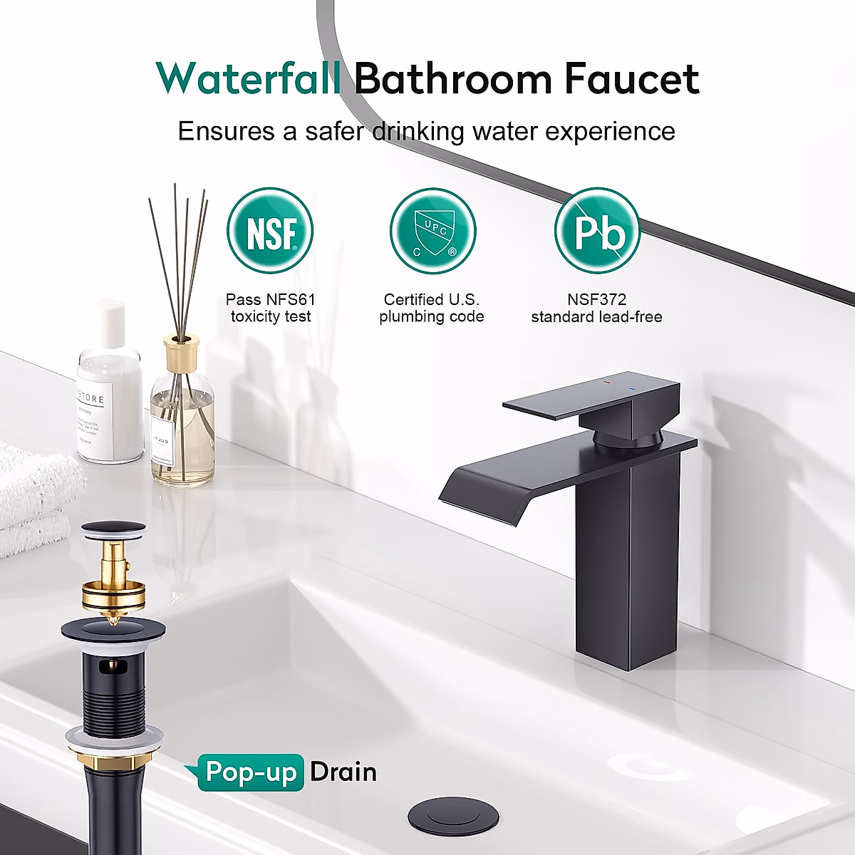 CREA Black Waterfall Bathroom Faucet 1 Hole,Matte Black Bathroom Faucet Single Handle Bathroom Sink Faucet with Pop Up Drain Stopper/ 3 Hole Plate,Stainless Steel RV Vanity Faucet Basin Mixer Tap