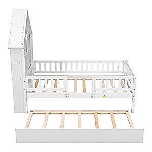FIQHOME Twin Size Platform Bed for Kids, Twin Size Kids Bed Frame with House-Shaped Headboard, Wooden Twin Bed with Trundle and Fence Guardrails,Solid Wood House Bed for Girls Boys,White