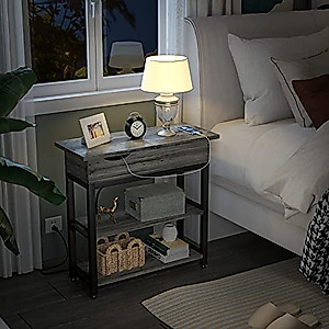 Aheaplus Sofa Side Table with USB Ports and Outlets, Narrow End Table Set of 2 with Charging Station, Bedside Nightstand with Storage Shelves, Slim Side Table，Black Oak