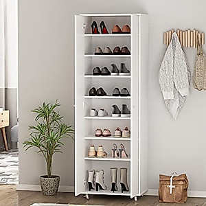 Hitow Large Shoe Cabinet with Wheels Wooden 2 Door Tall Shoe Storage Rack 7 Adjustable Shelves Cabinet for Office,Home,Garage White