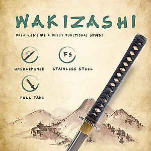 HMS Unsharpened Iaido Training Wakizashi Sword, Stainless Steel, Full Tang, Samurai Bamboo Tsuba, Black Scabbard
