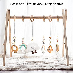 Golener Baby Play Gym Wooden Baby Gym with 6 Infant Activity Toys,Foldable Frame Hanging Bar,Toddler Activity Center with Pull Ring,Wood Gyms for Newborn Gift, Girl & Boy Shower Gift,Easy to Assemble