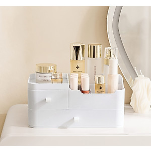 HBlife Plastic Makeup Organizer for Vanity with 2 Drawers Large Skincare Organizers 8 Compartments Bathroom Organizer Cosmetic Storage, White