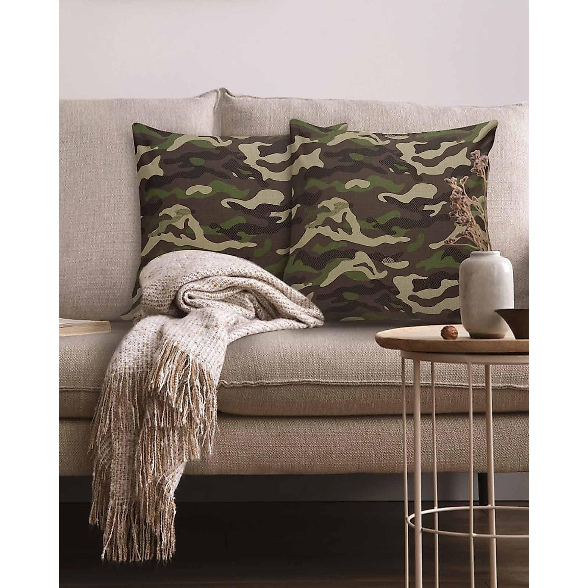 2 Packs Decorative Cotton Throw Pillow Covers, Army Green Desert Camo 20 x 20 Inch Square Reversible Soft Cushion Case for Couch Bedroom Sofa Living Room Chair Car