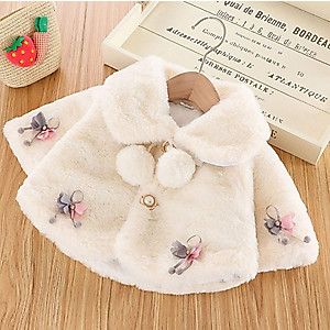 VIENNAR Infant Toddler Baby Girls Cute Winter Warm Thick Fur Capes Cardigan Cloak Coat with Bow Pom-Pom Balls (White, 6-12 Months)