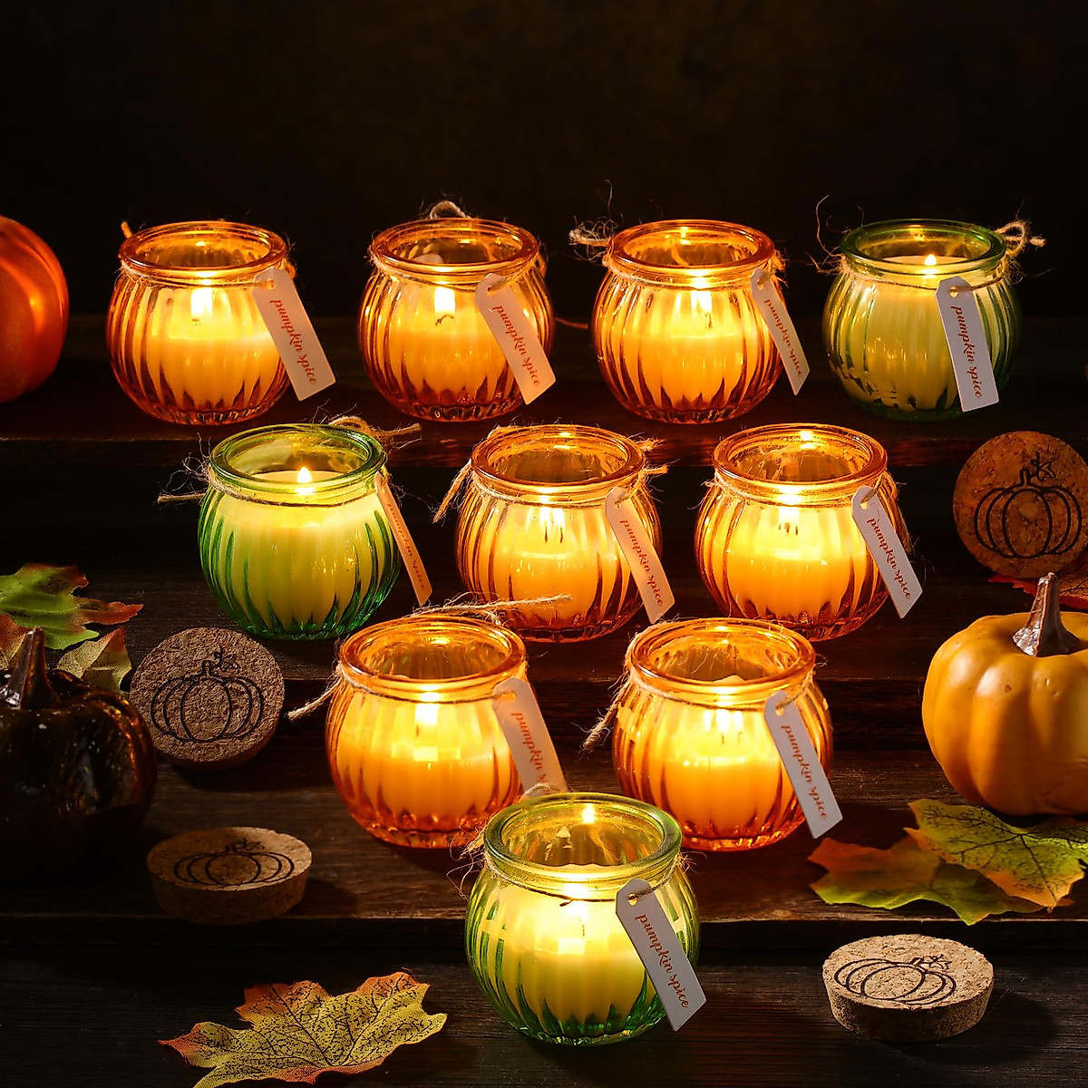 MTLEE 24 Pcs Fall Candles Bulk Pumpkin Shaped Thanksgiving Candles with Lid and 24 DIY Sticker Pumpkin Ghost Candle Bulk for Fall Autumn Housewarming Party Decoration Gift(Green, Yellow)