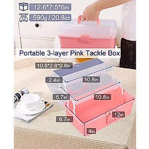 Eujqo Tackle Box Organizer Pink Craft Storage Organizers 3-layer Craft Box Medicine Box Sewing Box Hair Accessories Organizer for Girls Jewelry Box Makeup Organizer Small Plastic Tool Box with Handle