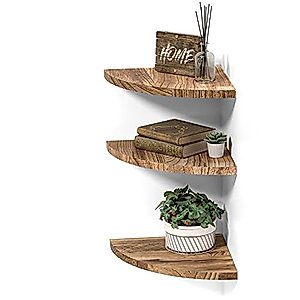 DELFOY Wall Mounted Rustic Wood Round Edge Corner Shelf Storage Rack, Bookcase, Floating Shelves Home Decor for Bedroom, Living Room, Office and Kitchen, Set of 3 (Round Edge)