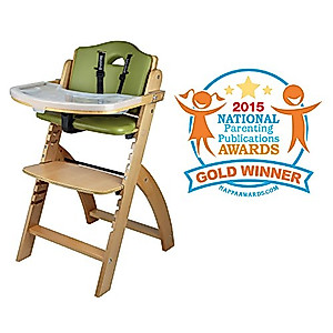 Abiie Beyond Wooden High Chair with Tray. The Perfect Adjustable Baby Highchair Solution for Your Babies and Toddlers or as a Dining Chair. (6 Months up to 250 Lb) (Natural Wood - Olive Cushion)