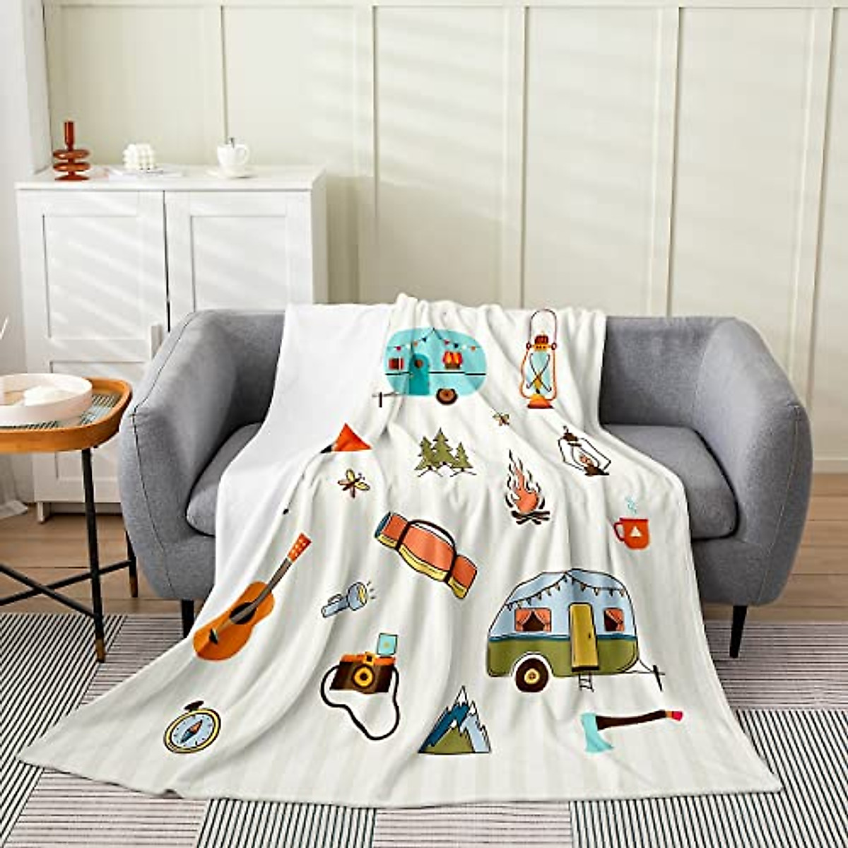 Camping Theme Lightning Fleece Blanket,Cartoon Trailer RV Tent Pattern Bed Blanket for Adults Teens,Camper Hiking Room Decor,Super Soft Flannel Blanket,40"x50"