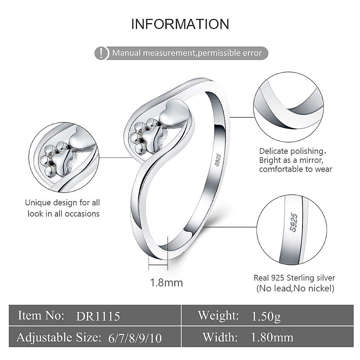 LGSY Dog Paw Rings for Women Sterling Silver