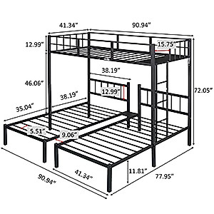 Twin Over Twin & Twin Bunk Bed, Metal Triple Bunk Bed Frame with Guardrails for Kids, Teens, Adults Space Saving, Can Be Divided Into 3 Separate Bed (Black-Metal-1)