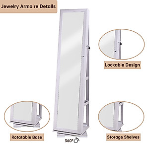 Wellynap Mirror Jewelry Cabinet, 360° Rotatable Full Length Mirror Stand, Lockable Jewelry Organizer Armoire with Back Storage Shelves for Bedroom, Cloakroom, White
