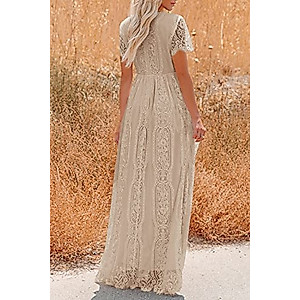 PRETTYGARDEN Women's Floral Lace Maxi Dress 2023 Short Sleeve V Neck Bridesmaid Wedding Evening Party Dresses (Apricot,Medium)