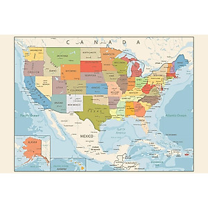 Laminated 2025 Retro Color Map of United States USA Updated With Gulf of America and Mount McKinley Poster Dry Erase Wall Art 12x18