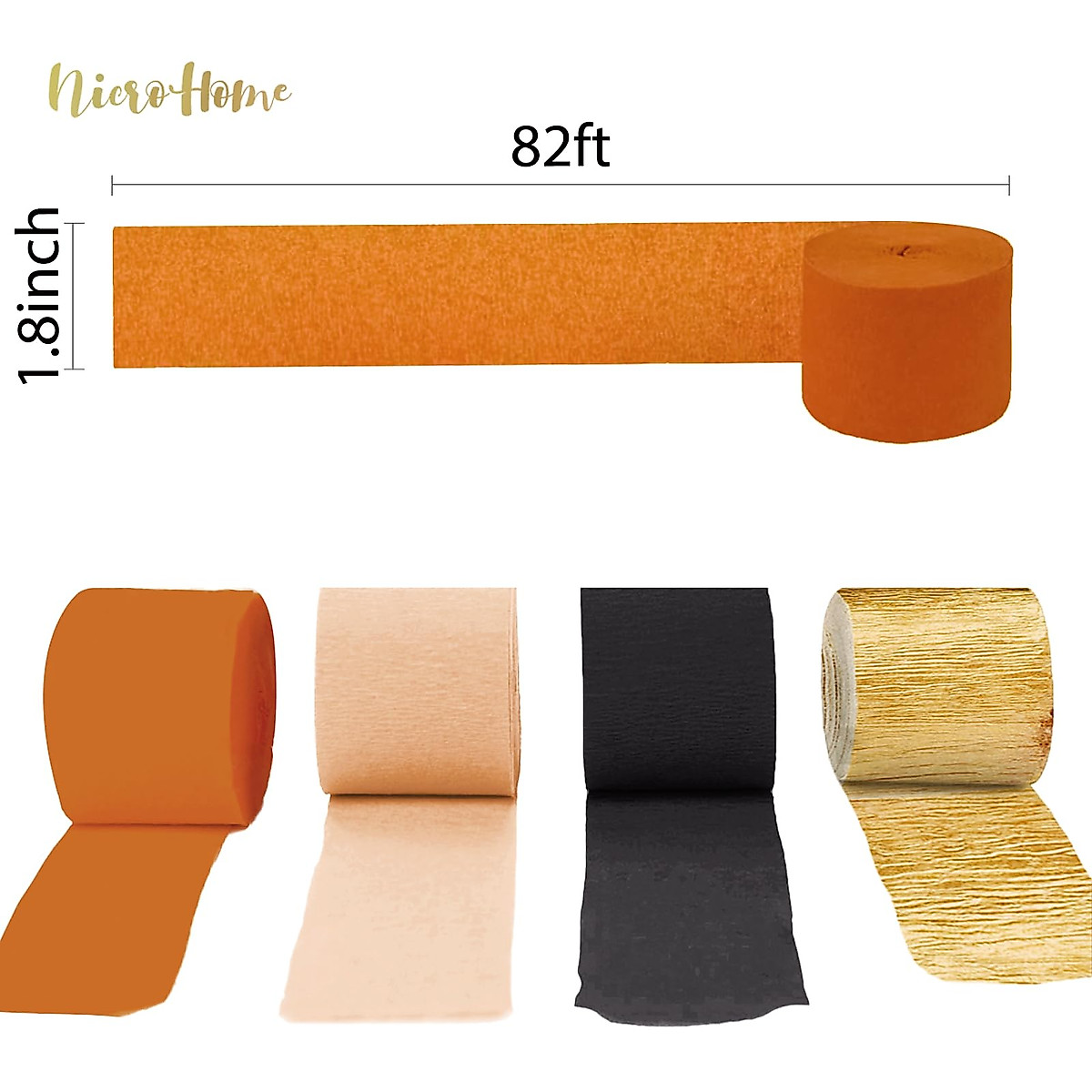 NICROHOME Thanksgiving Party Decorations, 8 Rolls Gold Orange Crepe Paper Streamers, Black Tassels Paper for Retro Parties, Birthday, Harvest Party Supplies, Fall Wedding Party Decorations