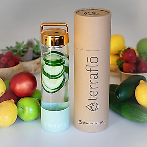 Terraflo Fruit Infuser Premium Glass Water Bottle 24 oz (700 mL) - Removable Anti-Slip Silicone Sleeve - Top Handle Lid - Stainless Steel Filter for Infusion - Infused Bottles for All (Gold & Green)