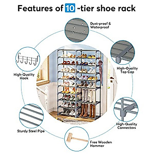 Tribesigns Shoe Rack Organizer, 36-44 Pairs Shoe Storage Shelf, 10 Tiers Shoe Stand, Shoe Rack for Closet, Boot Organizer with 2 Hooks, Stackable Shoe Tower