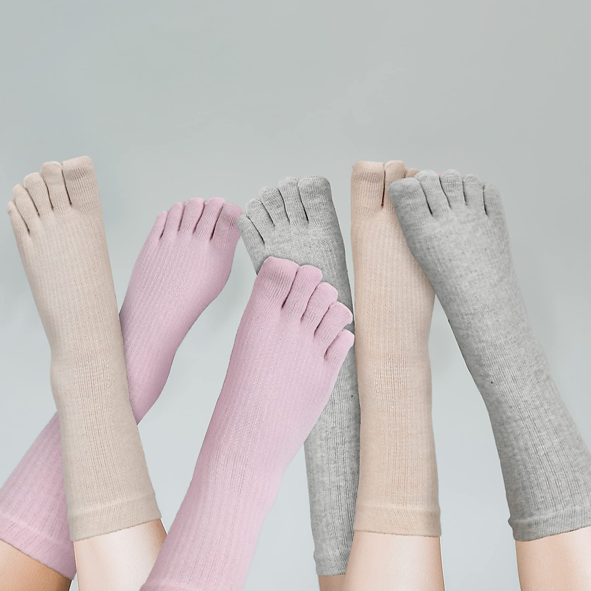 Bencailor 4 Pair Women Five Toe Socks Cotton Toe Socks Athletic Running Long Split Toe Women's Cotton Crew Ankle Socks(Black, Beige, Pink, Grey)