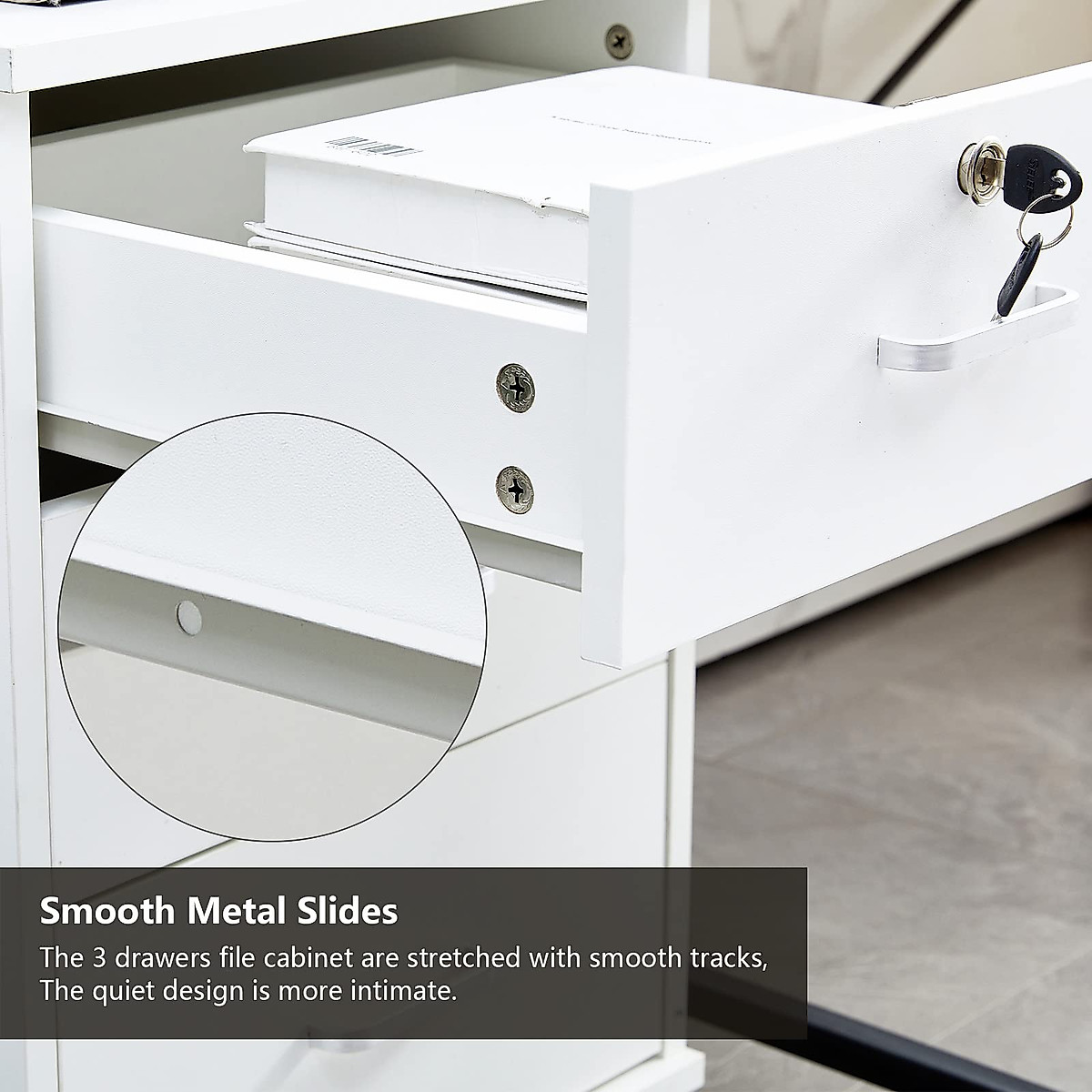 CLIPOP Mobile Office Cabinet with 3 Drawers(1 Lockable), Under Desk Rolling Vertical File Cabinet with 4 Wheels for Letter/Legal /A4 Size Documents, Wooden Storage Cabinet for Home Office (White)